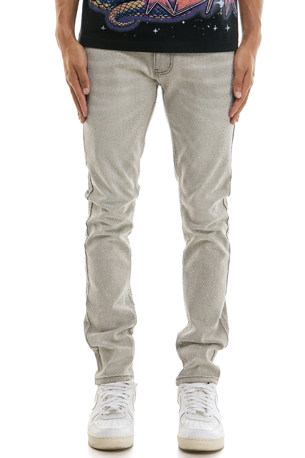 Men's Grey Rhinestone Jeans - Skinny Fit Studded Denim | KND4901 – KDNK